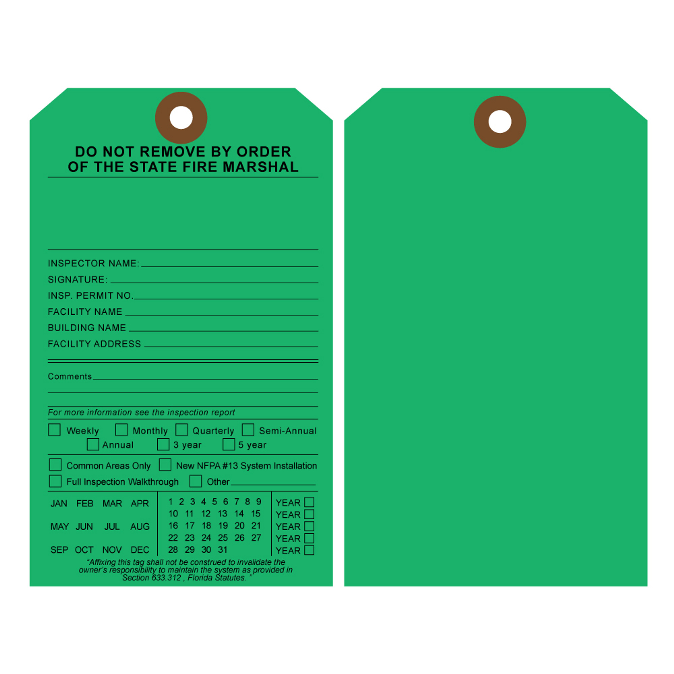 outdoor plastic tag Florida Green Fire Sprinkler Inspection Tags