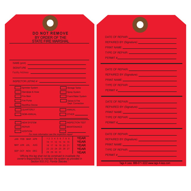smaller affordable Red Florida Fire Sprinkler Inspection Tags