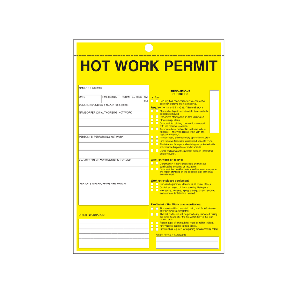 welding cutting, brazing hot work permit form tag
