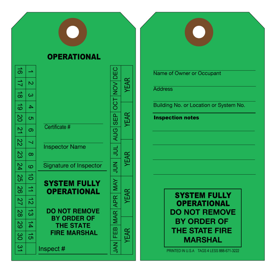 green fully operational fire inspection tags colorado