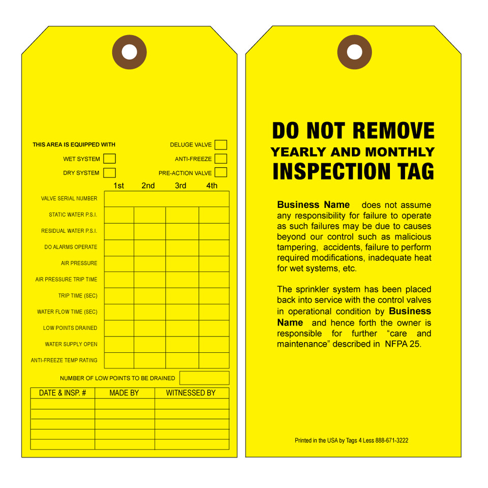 outdoor quarterly yearly fire sprinkler systems inspection tags