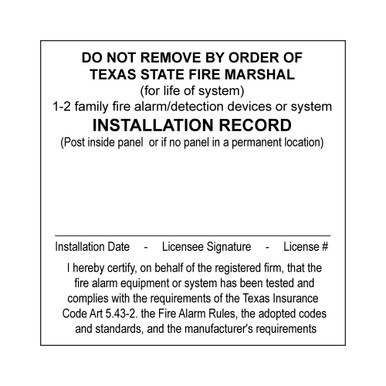 texas alarm system residential Installation record label