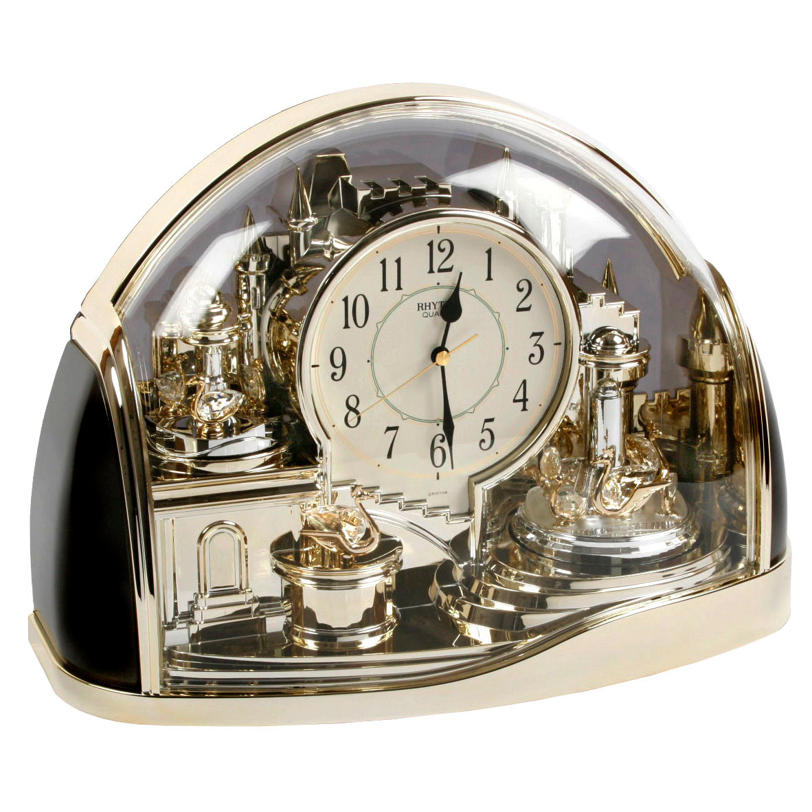 Rhythm Twin Pendulum Mantel Clock Half Moon Arched Gilt Design 4SG738WR18