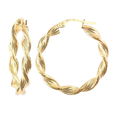 9ct Yellow Gold Twisted Textured 27mm Creole Hoops P702-151