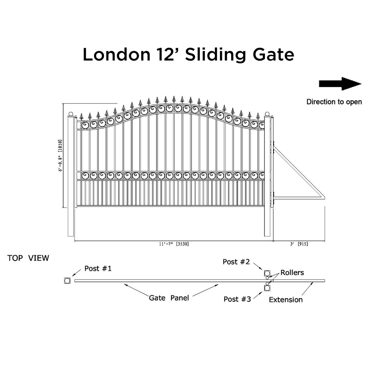 Steel Sliding Driveway Gate - LONDON Style - 12 x 6 ft - ALEKO