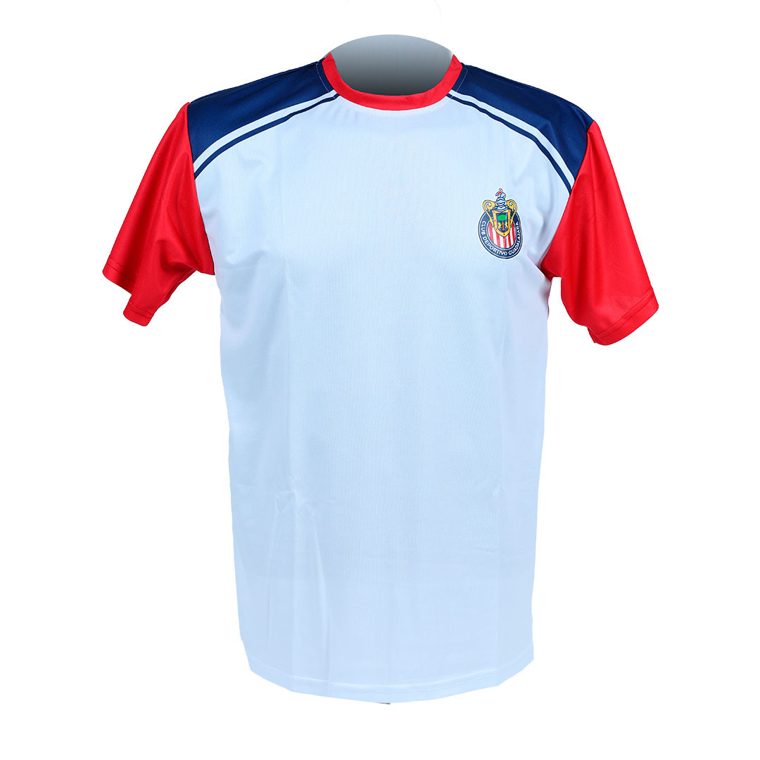PLAYERA BLANCA HOMBROS AZUL Y MANGAS ROJAS ESCUDO CHIVAS