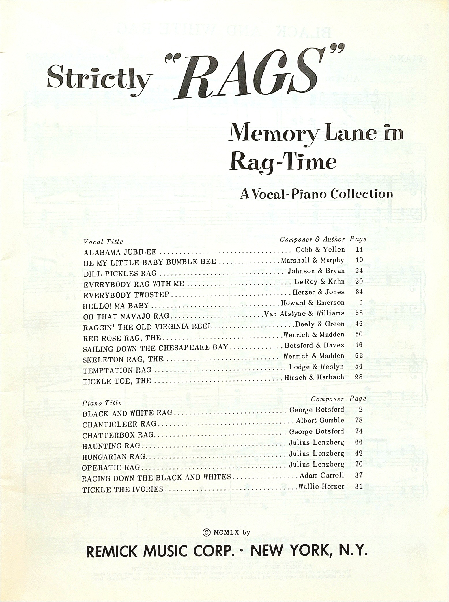 USED/VINTAGE - Strictly Rags - Memory Lane in Rag-Time - Piano Gallery