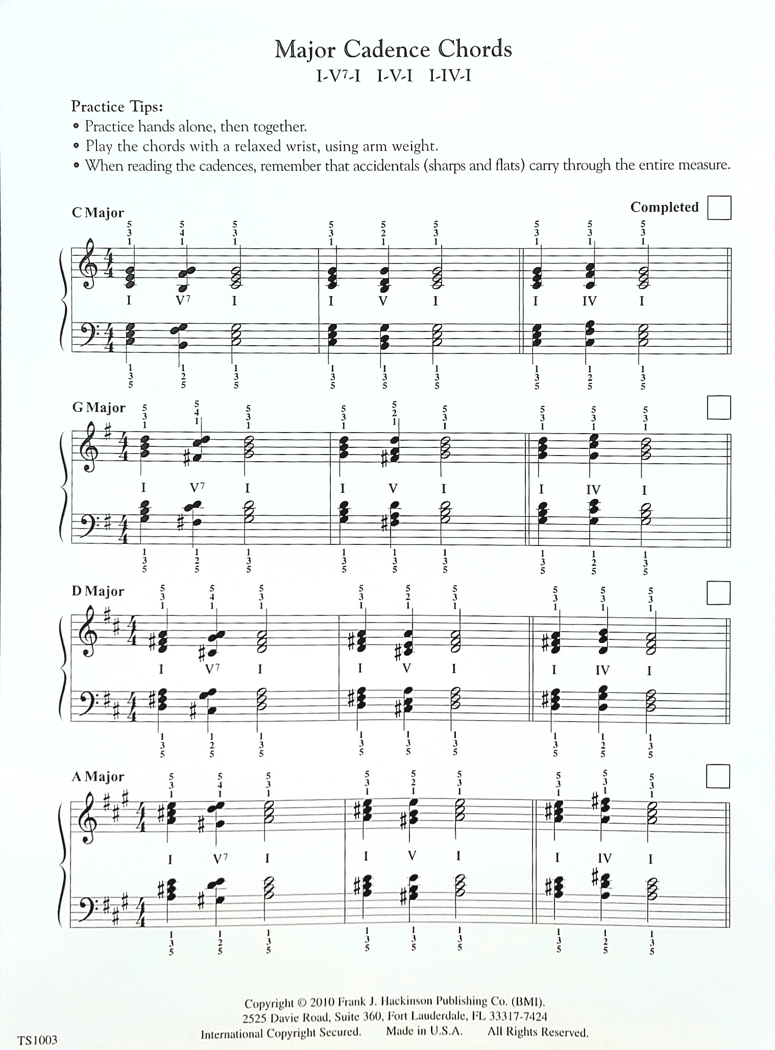 Cadence Chords - Technique Sheet No. 3 - Piano Gallery