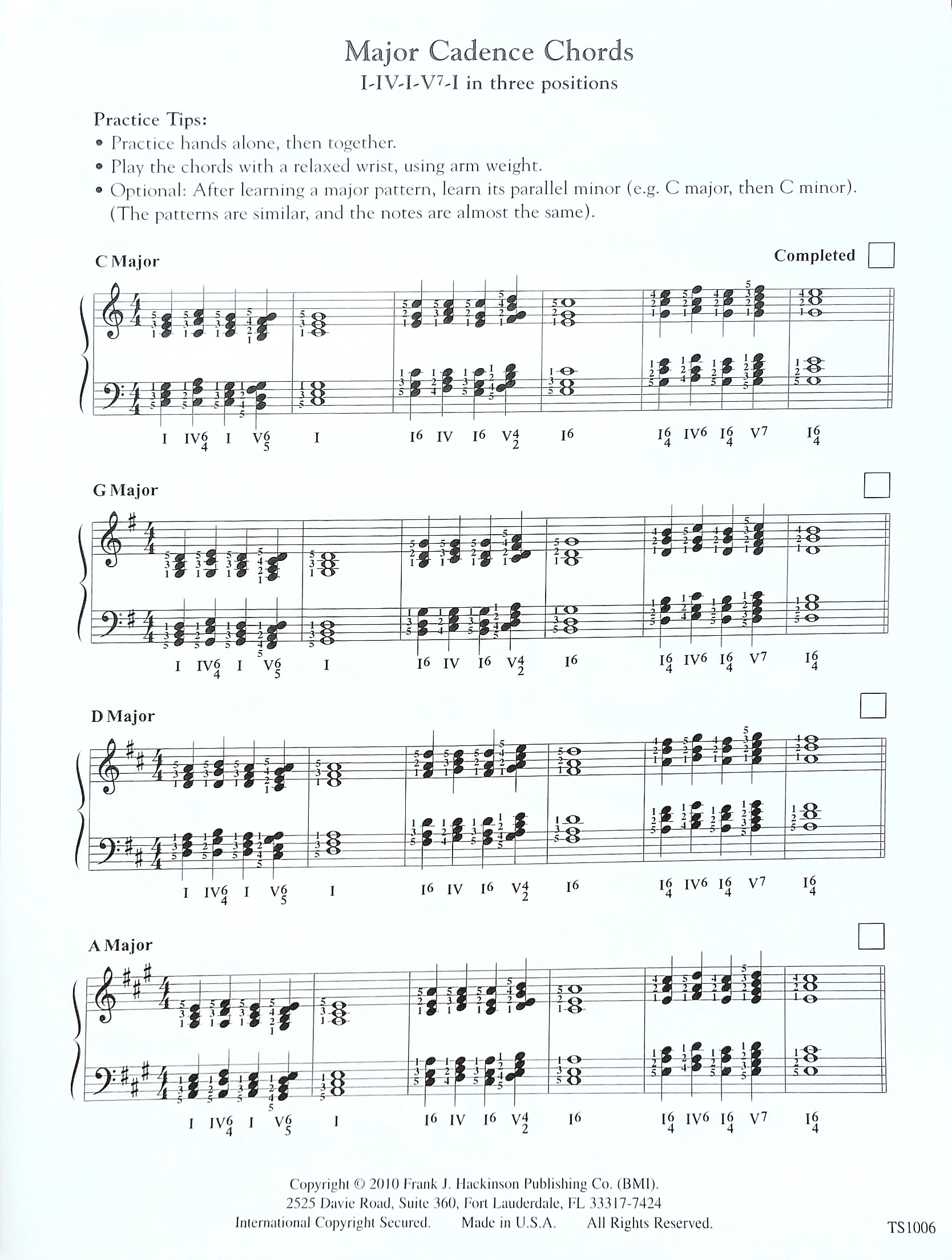 Cadence Chords in Three Positions - Technique Sheet No. 6 - Piano Gallery