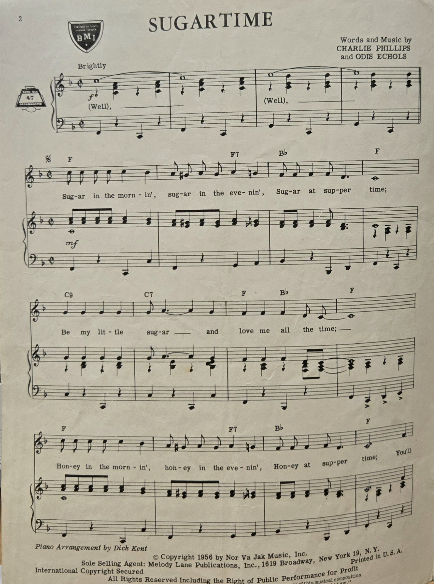 (VINTAGE SHEET MUSIC) Sugartime - Piano/Vocal/Chords - Piano Gallery