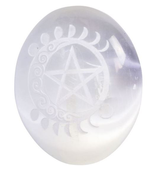 Selenite - Palm Stone w/ Moon Phase & Pentacle - inspired living