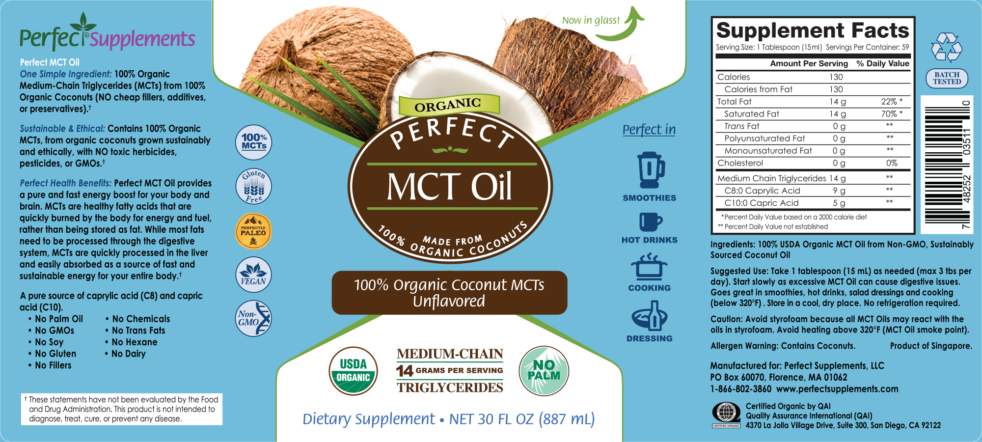 Perfect MCT Oil - 100% Organic Coconut MCTs - 30oz Unflavored