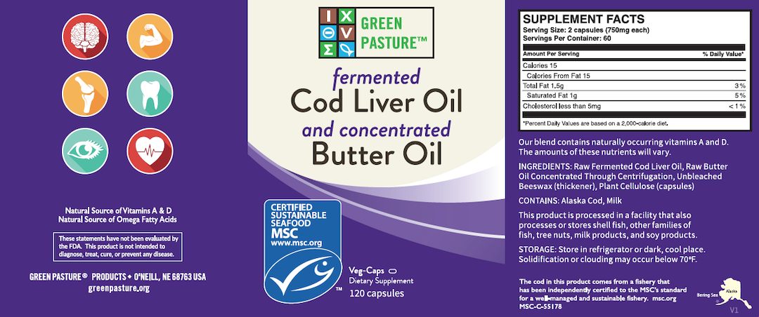 Green Pasture Butter Oil/Cod Liver Oil Blend-- 120 capsules