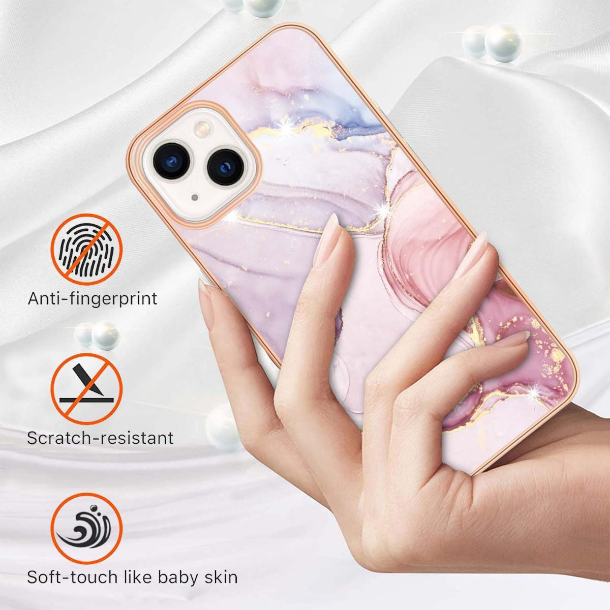 Rose Gold iPhone 15 Plus Natural Marble Stone Pattern Shock Proof Case ...