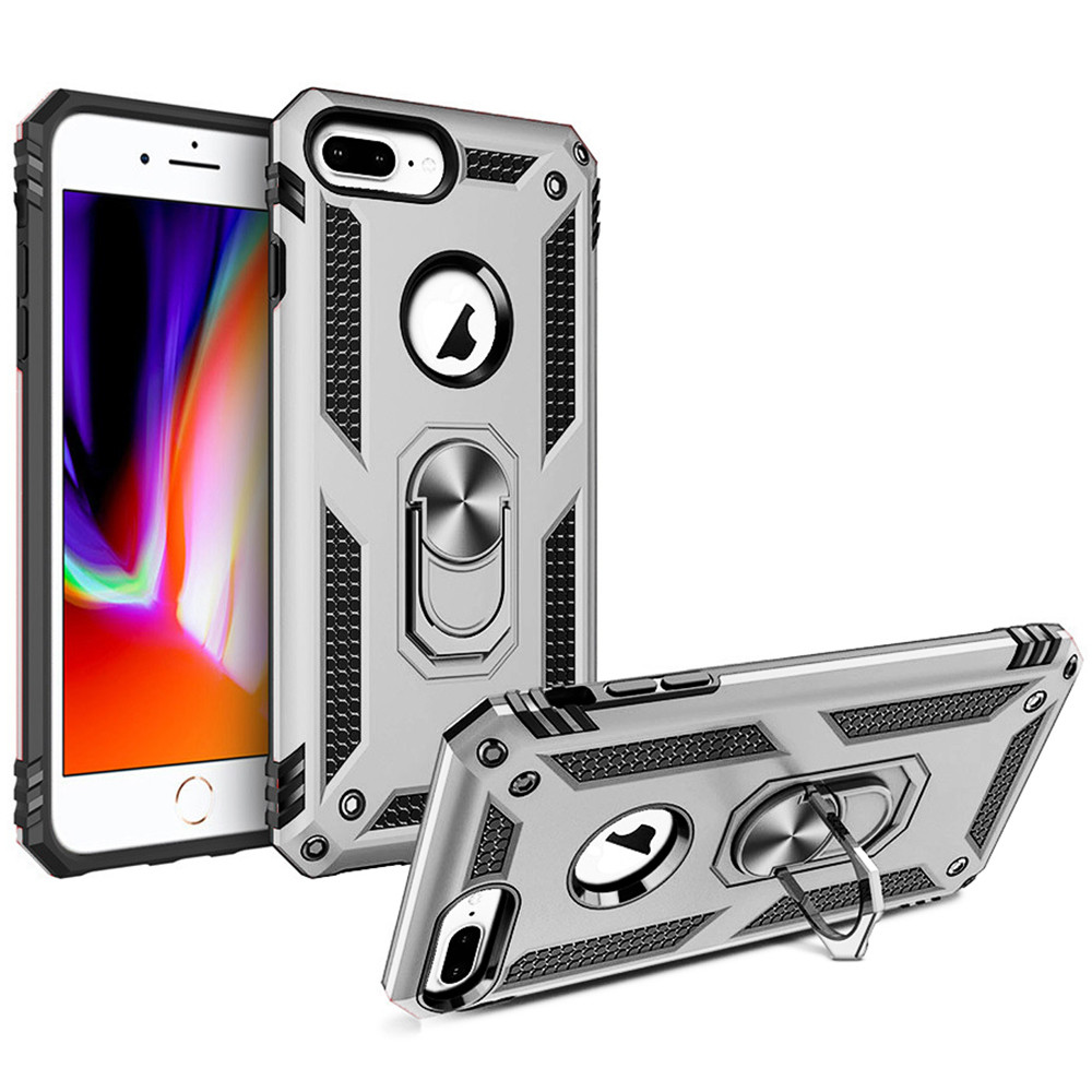 Silver iPhone 7 / 8 Heavy Duty Armor 360 Rotating Metal Ring Stand Case ...