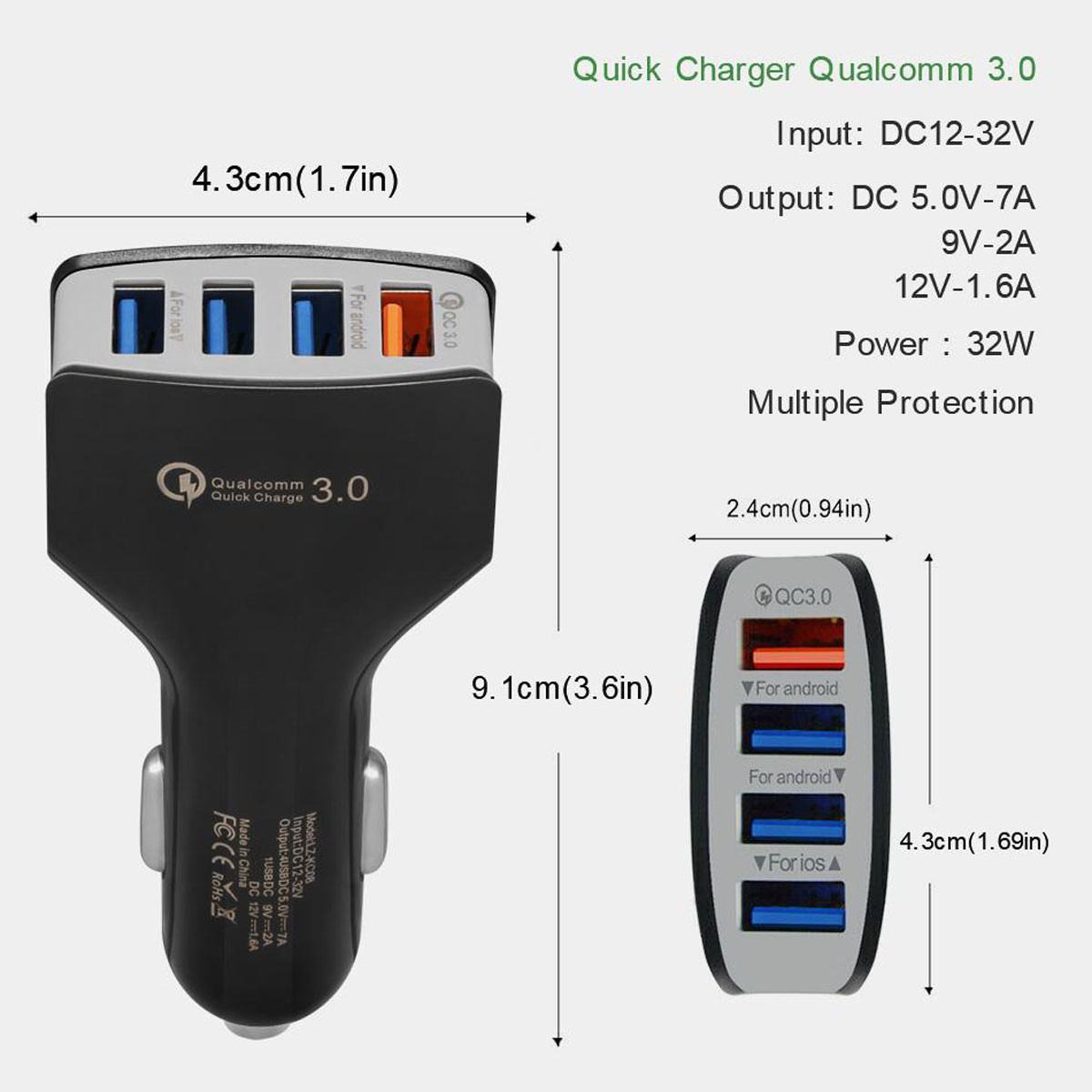 Qualcomm QC 3.0 Car Charger 4 USB Port Fast Charging Adapter - New Case