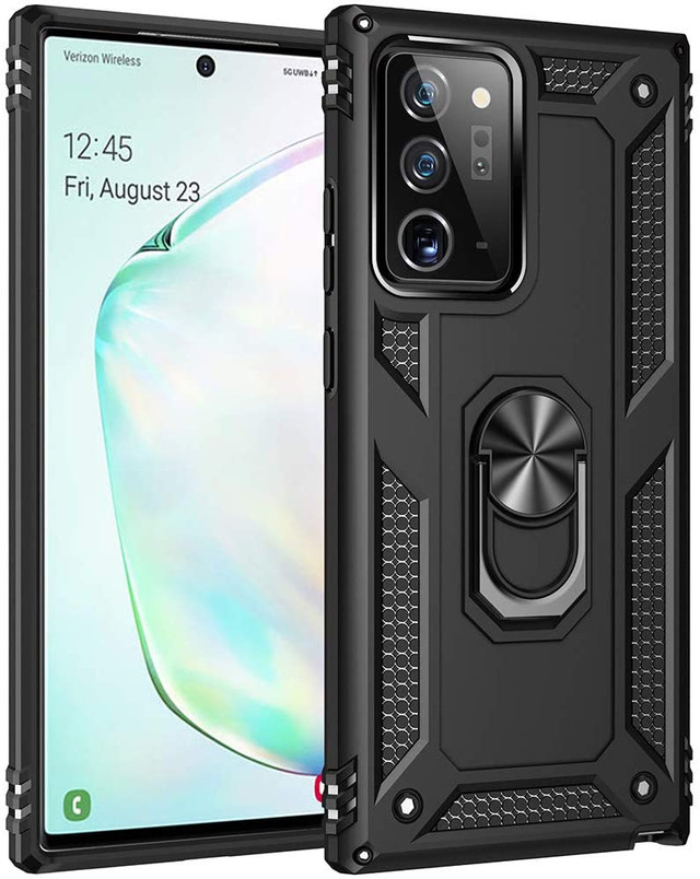 Black Galaxy Note 20 Ultra Heavy Duty 360 Metal Ring Stand Case - New Case