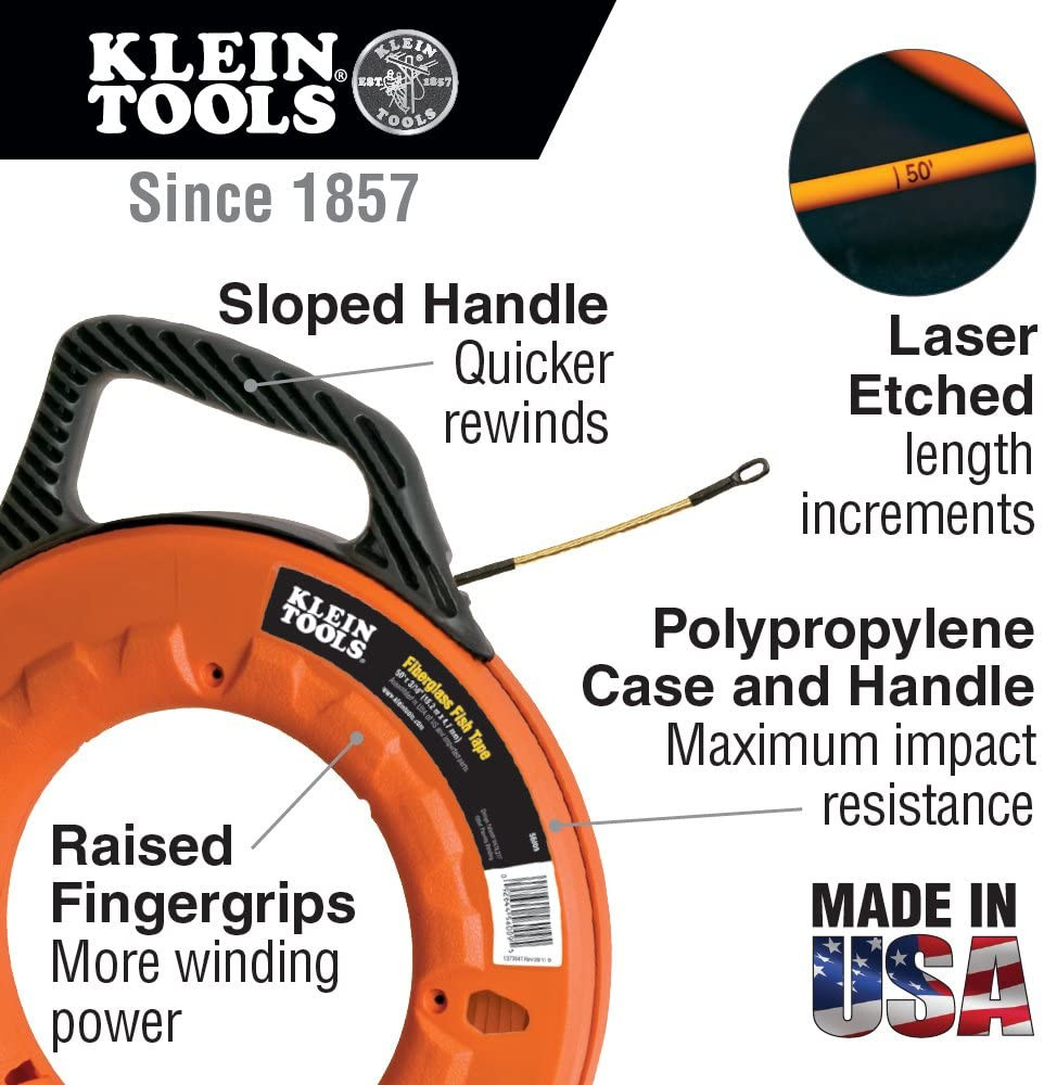 Klein Tools 56014 Fiberglass Fish Tape with Spiral Leader, 200-Foot ...