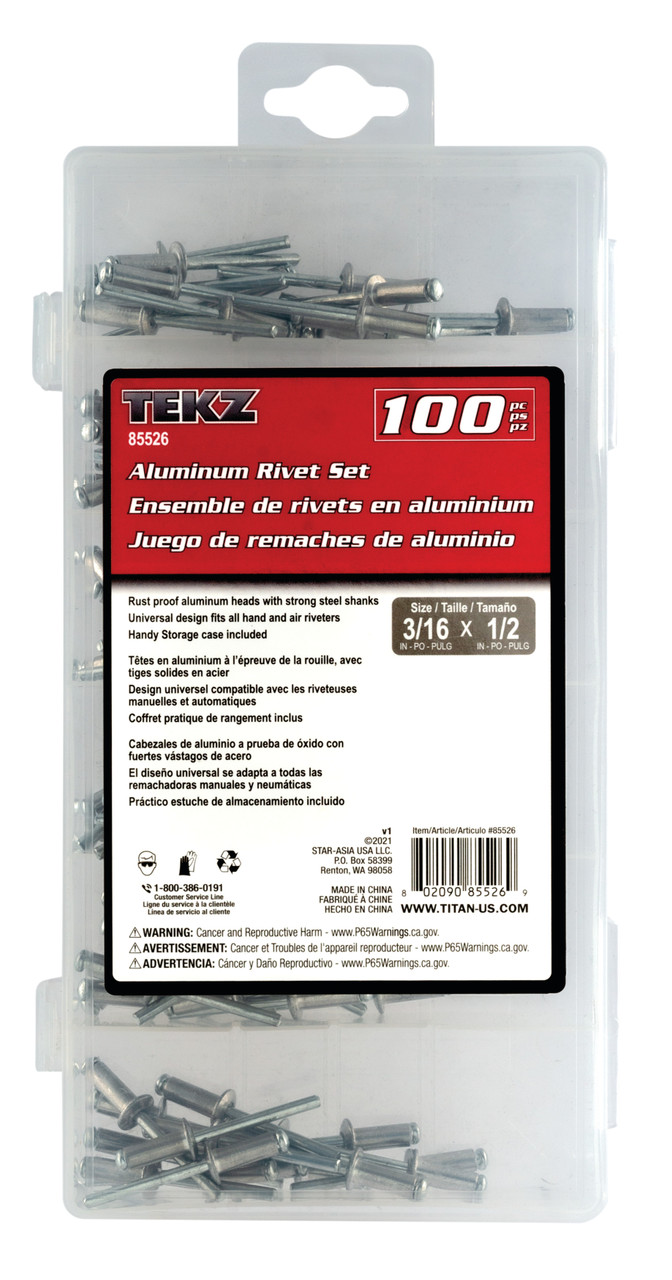 Titan Tools 85526 100 Piece 3/16 In X 1/2 In Aluminum/steel Rivet Set ...