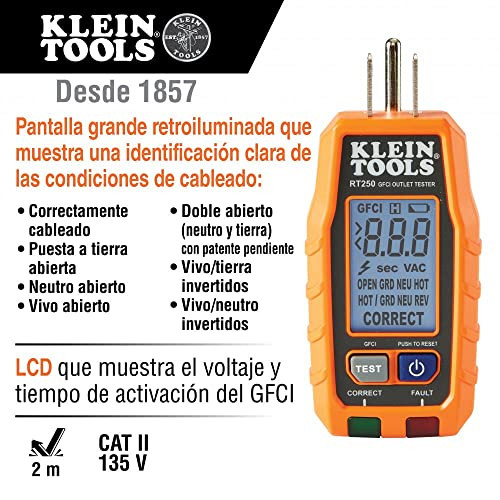 Klein Tools RT250 GFCI Receptacle Tester with LCD Display, for 120V ...