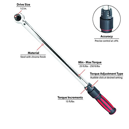 Performance Tool M199 1/2" Drive, 250 ftlb Torque Wrench (M199), Hand ...