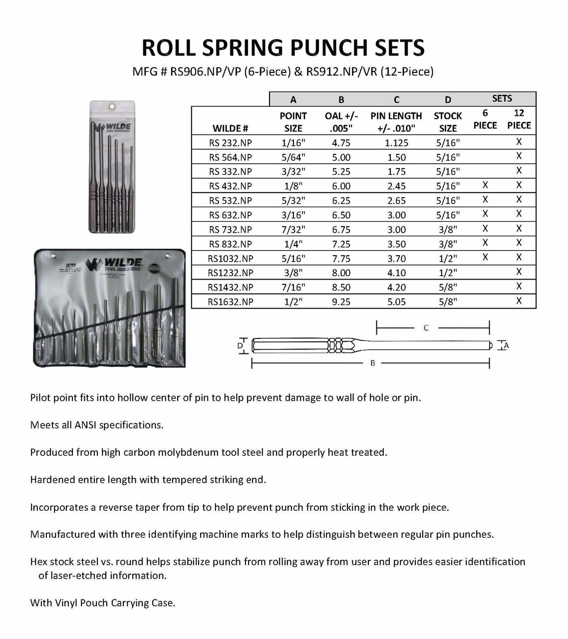 Wilde Tool Roll Spring Punch Set, 6-Piece (RS906.NP/VP) | JB Tools