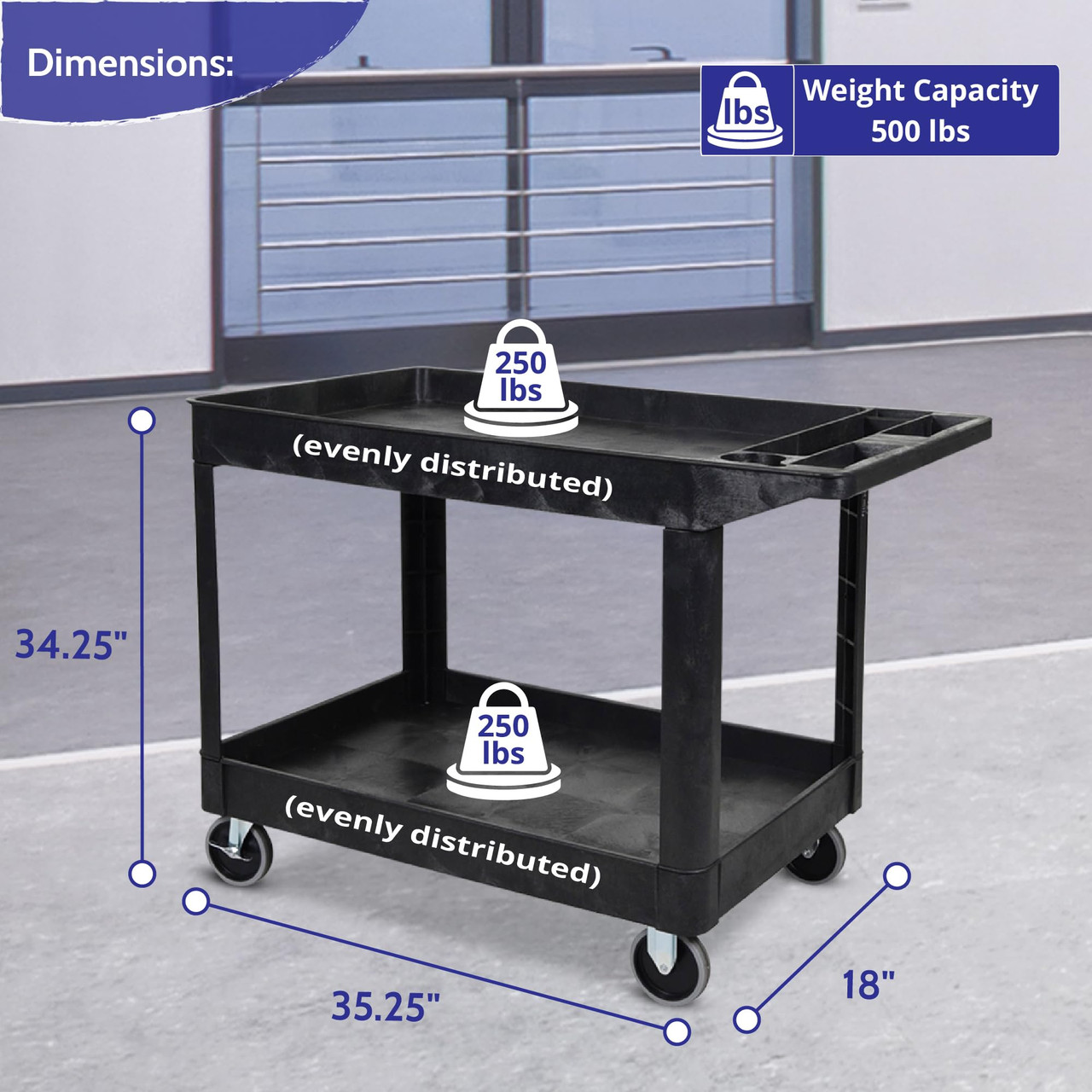 Luxor Workspaces Two Shelf Heavy-Duty Utility Cart , Black (XLC11-B ...