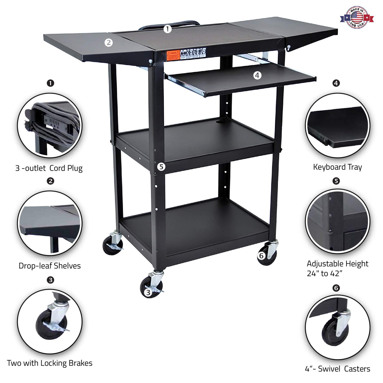 Luxor Workspaces H-Adj Av Cart: Pullout, Drop Leaf, 24X18X42 (AVJ42KBDL ...