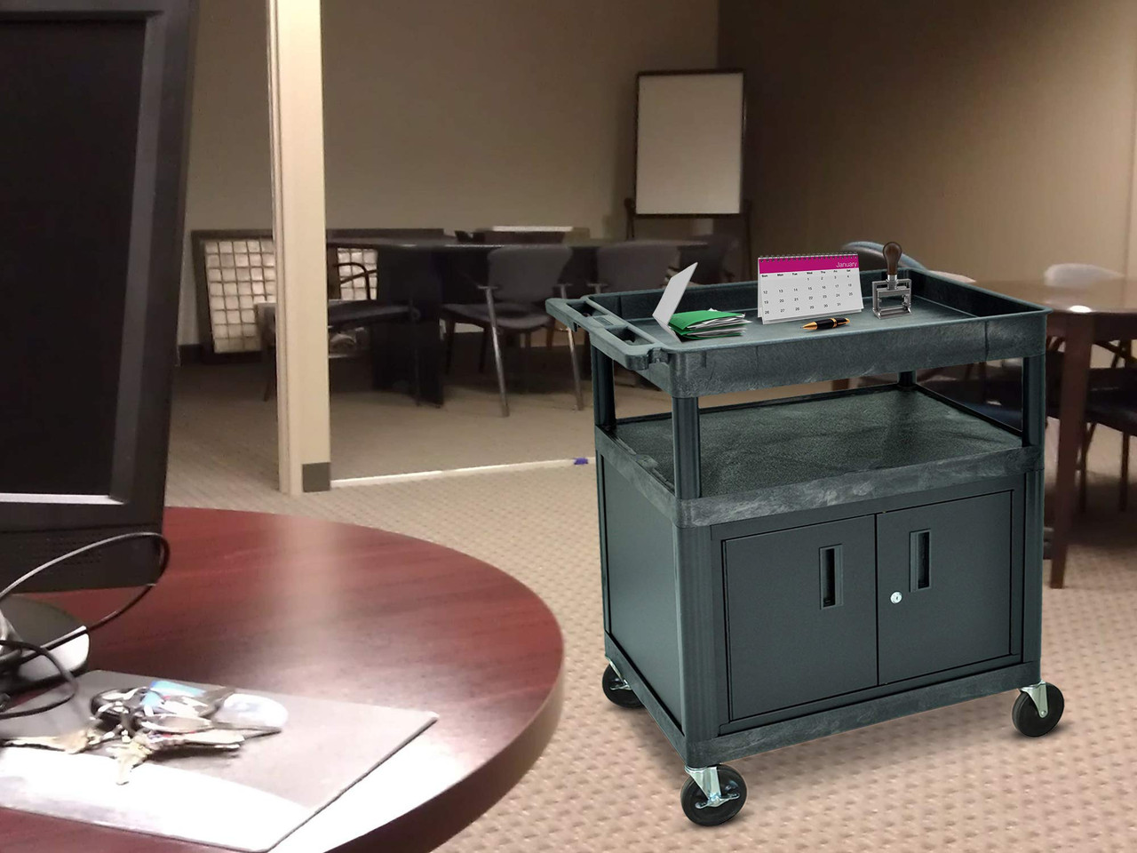 Luxor Workspaces Tub Top Utility Cart W/ Cabinet, 39.5"X32"X24",Black ...