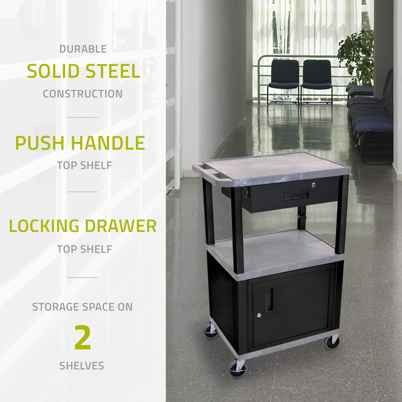 Luxor Workspaces 42" H Av Cart - 3 Shelves Cab Drawer - Black ...