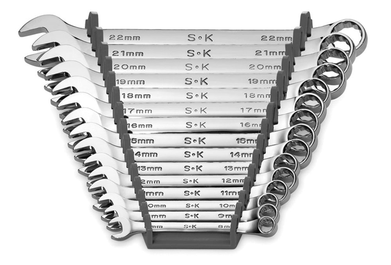 SK Tools 15 Piece 12 Point Metric Regular Combination Chrome Wrench Set 86265 JB Tools