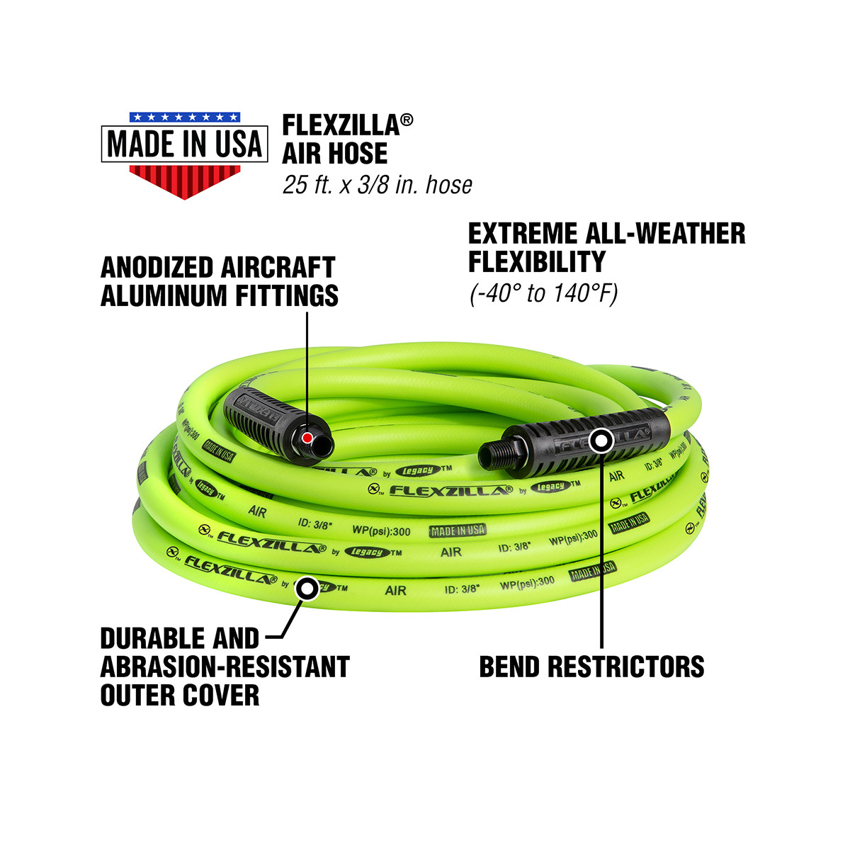 Flexzilla Legacy Air Hose 25 ft, 3/8" Hybrid Polymer, (HFZ3825YW2) | JB ...