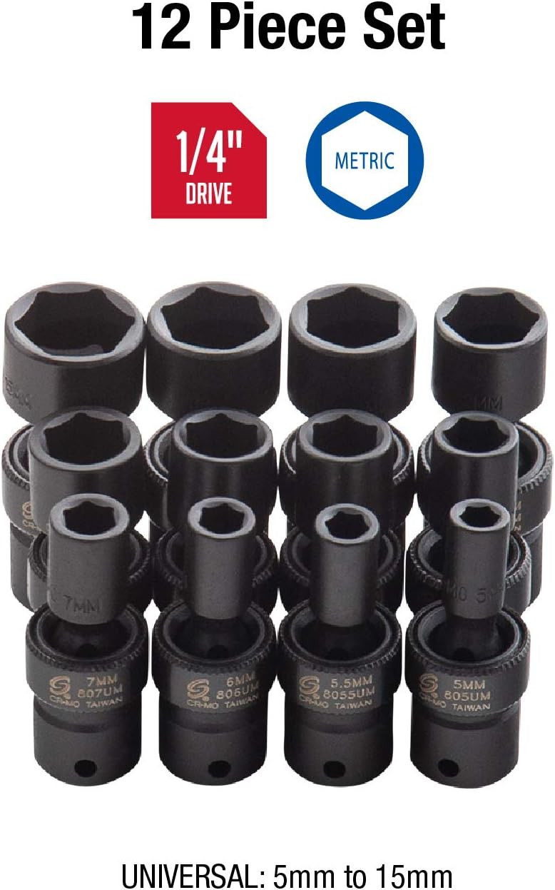 Sunex 1/4" Dr. Metric Universal Impact Socket Set, 12 Pc. (1814) | JB Tools