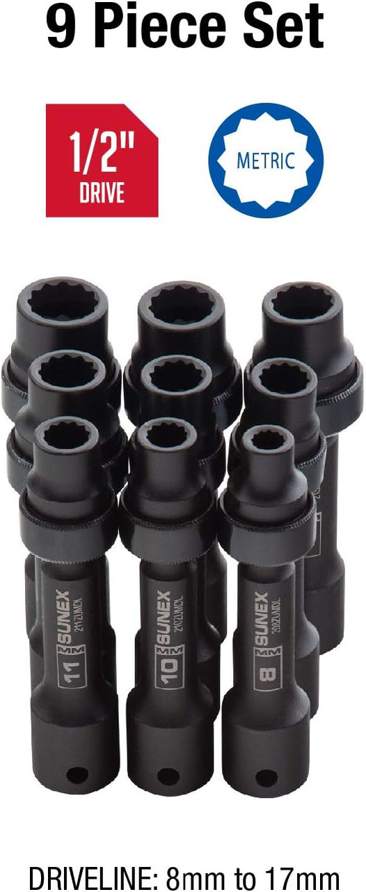 Sunex 1/2" Dr. 12 Pt. 9 Pc. Metric Driveline Impact Socket Set (2695 ...