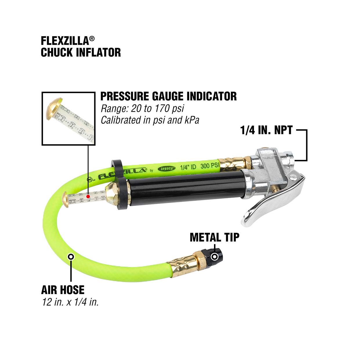 Flexzilla Straight-On Tapered Chuck Inflator with 12" Hose (AL2000FZ ...