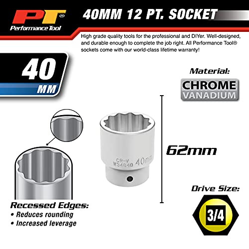 Performance Tool W34840 3/4" Drive 12-Point Standard Socket 40mm | JB Tools