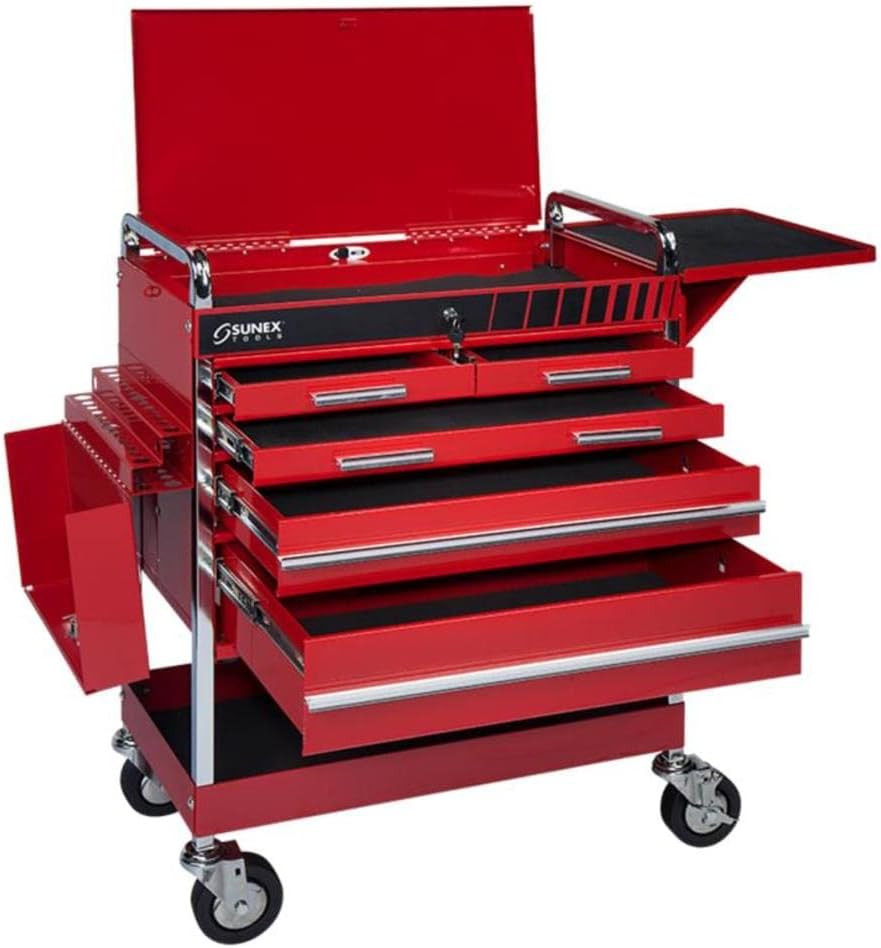 Sunex 5 Drawer Service Cart w/Locking Top - Red (8045) | JB Tools