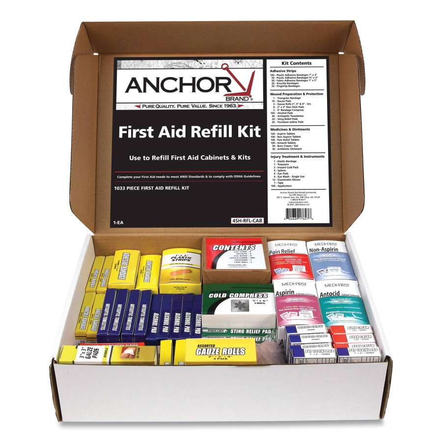 4 SHELF FIRST AID CABINET REFILL, INCLUDES 1,000 PIECES