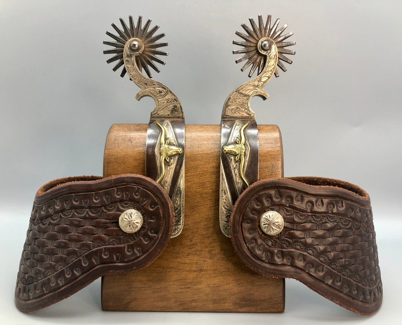 Fancy Pair of Single Mounted Steer Head Design Spurs by Ron Bliss
