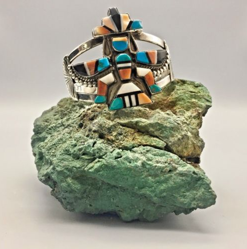 VINTAGE ZUNI INLAY KNIFEWING BRACELET *STERLING SILVER* CIRCA MID-CENTURY