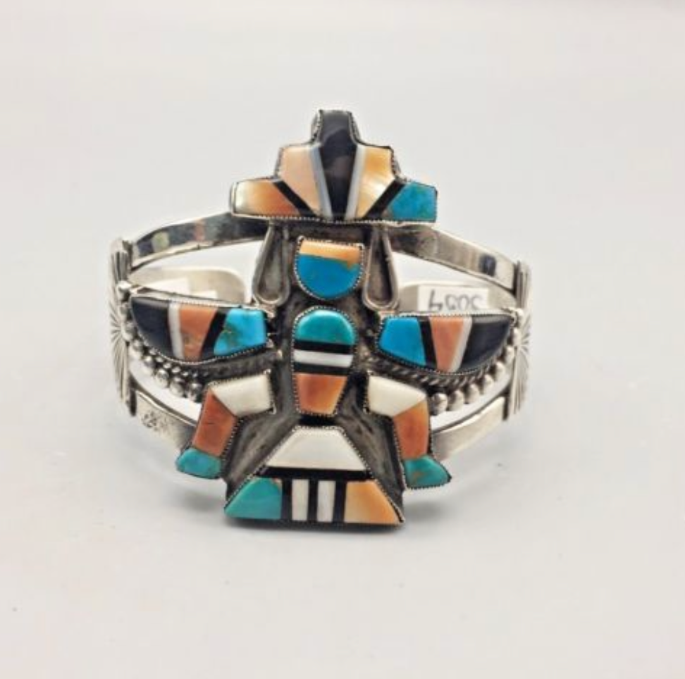 VINTAGE ZUNI INLAY KNIFEWING BRACELET *STERLING SILVER* CIRCA MID-CENTURY