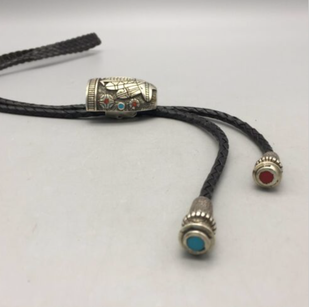 Very Unique Style Bolo With Turquoise and Coral Set in Sterling by Lee ...
