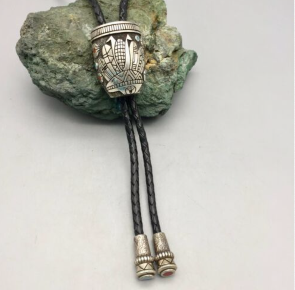 Very Unique Style Bolo With Turquoise and Coral Set in Sterling by Lee ...