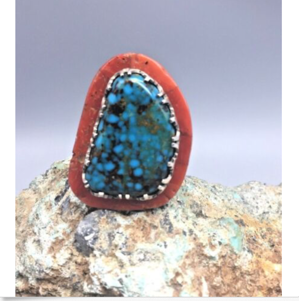 UNIQUE! STATEMENT Ring With Coral Inlay Shank *High Grade* Kerah Tsosie ...