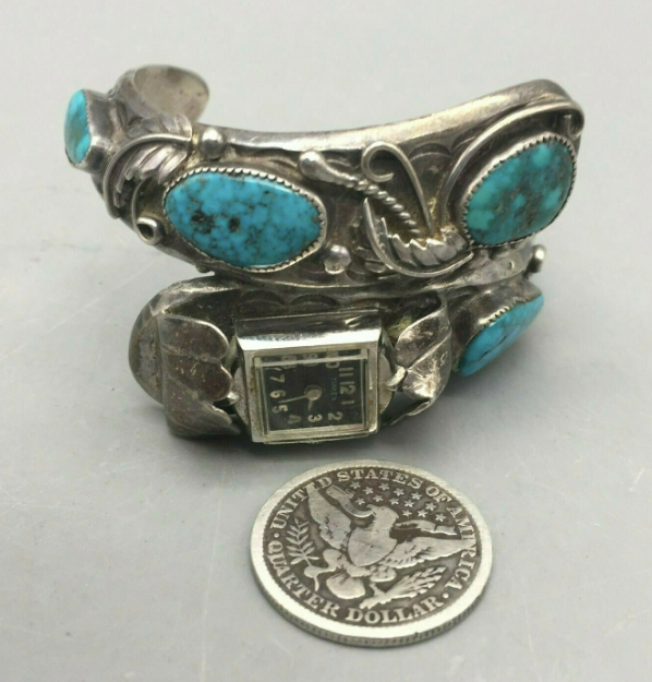 Unique Style With Great Looking Turquoise on this Watch Cuff Bracelet