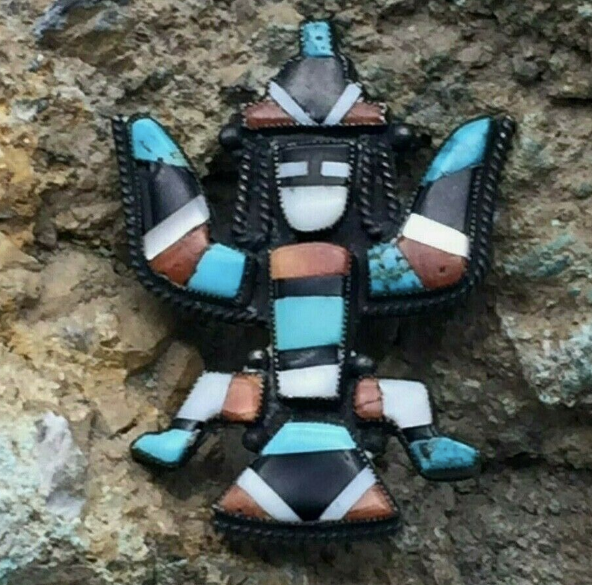 A Beautiful Vintage Zuni Inlay Pin or Brooch With A Knifewing Design