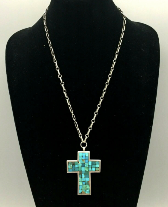 Beautiful Vintage Turquoise Inlay Cross Necklace