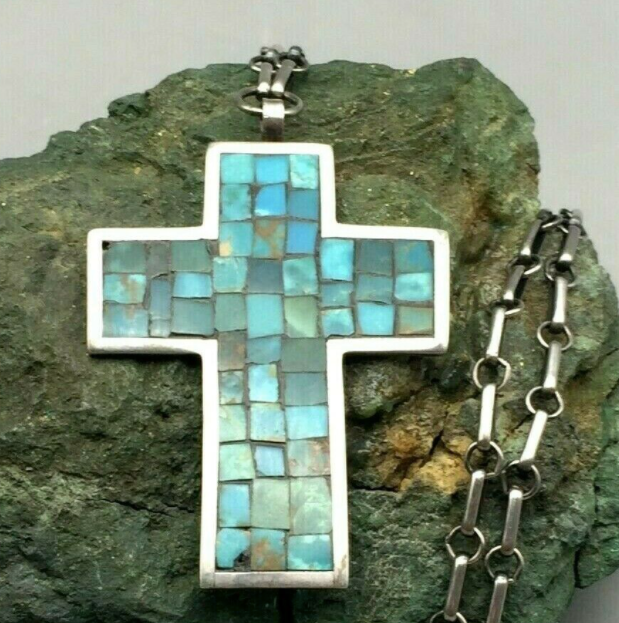 Beautiful Vintage Turquoise Inlay Cross Necklace