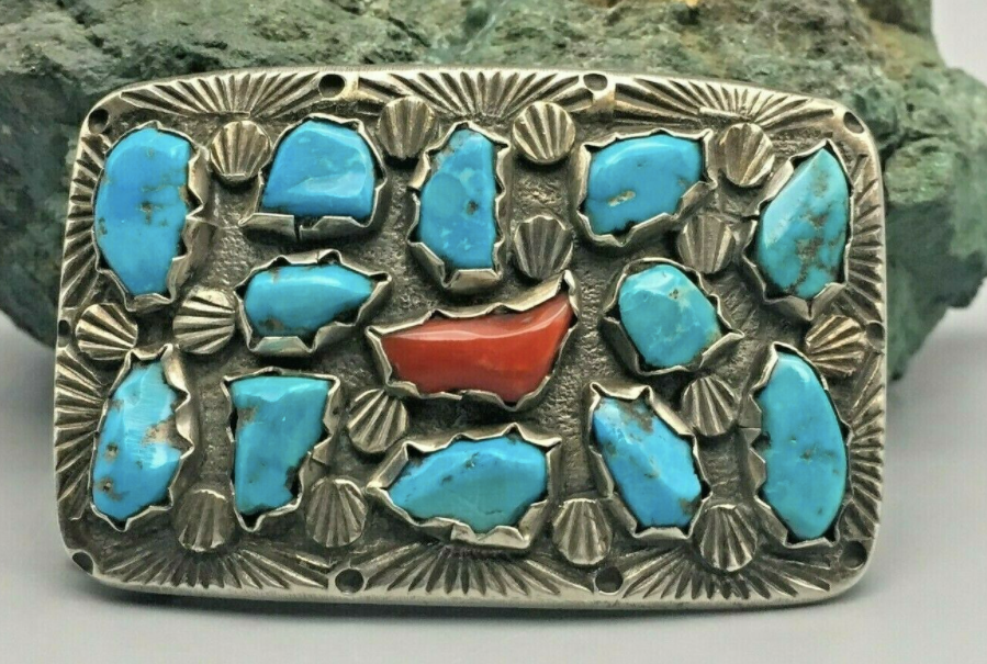 Turquoise and Coral Buckle Attributed to Dan Simplicio