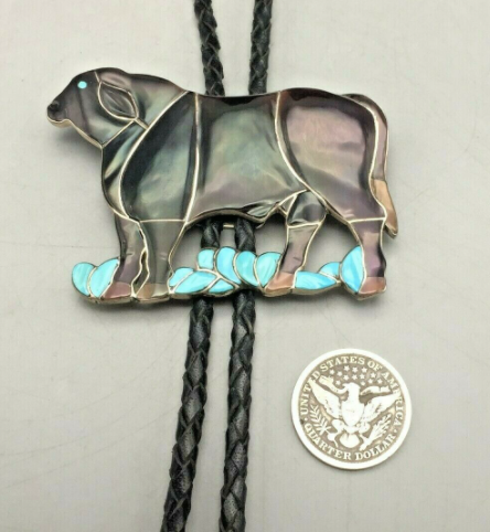 Vintage Zuni Inlay Bull Bolo Tie Attributed to Joe Zunie